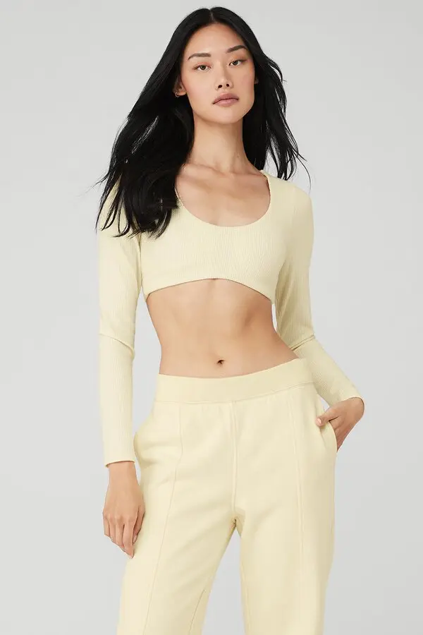 Alo Yoga Ribbed Defined Long Sleeve Bra In Yellow, Size In French